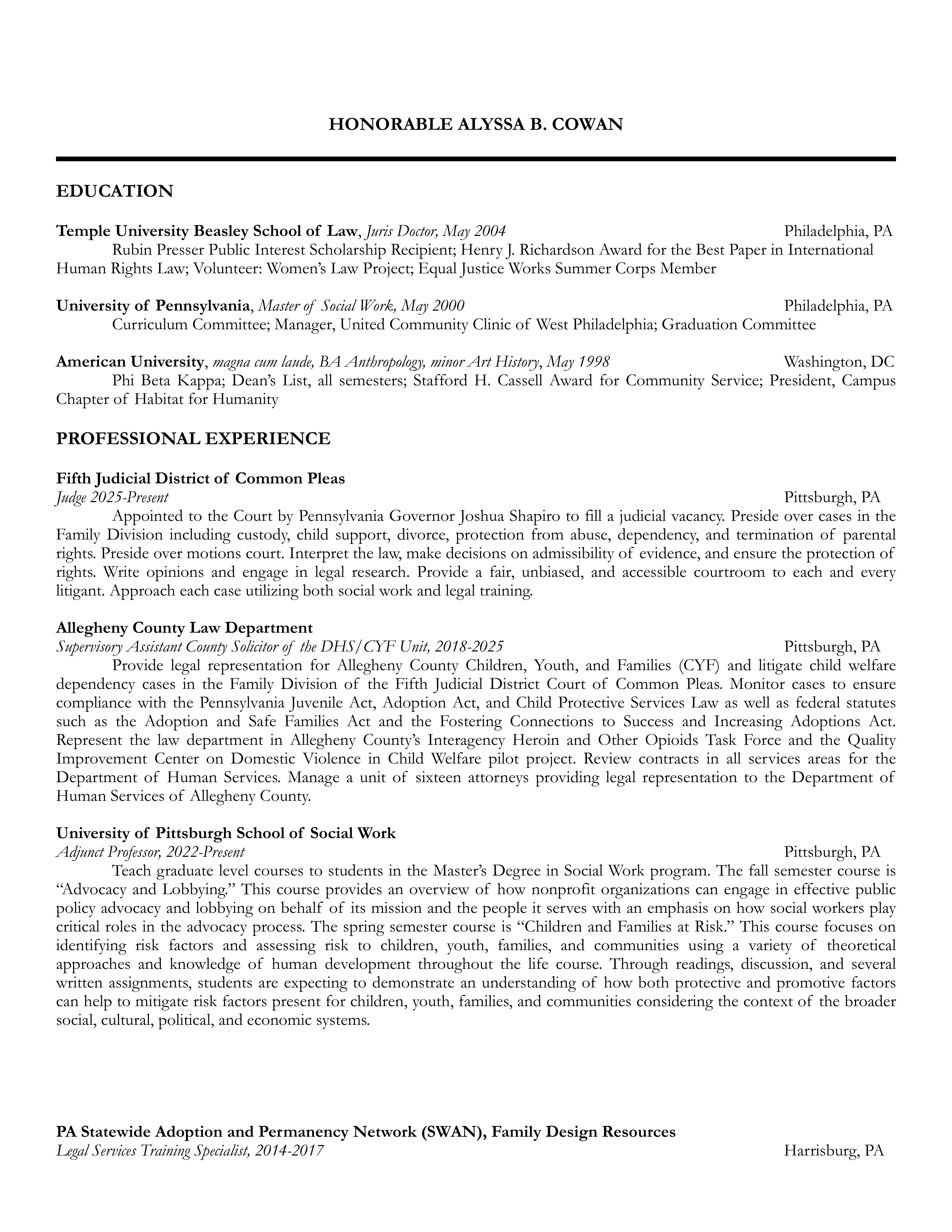 Judge Cowan’s Qualifications – Alyssa Cowan